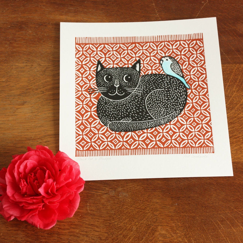 Cat Linocut Print Hand Printed Linocut Black Cat and Budgie | Etsy