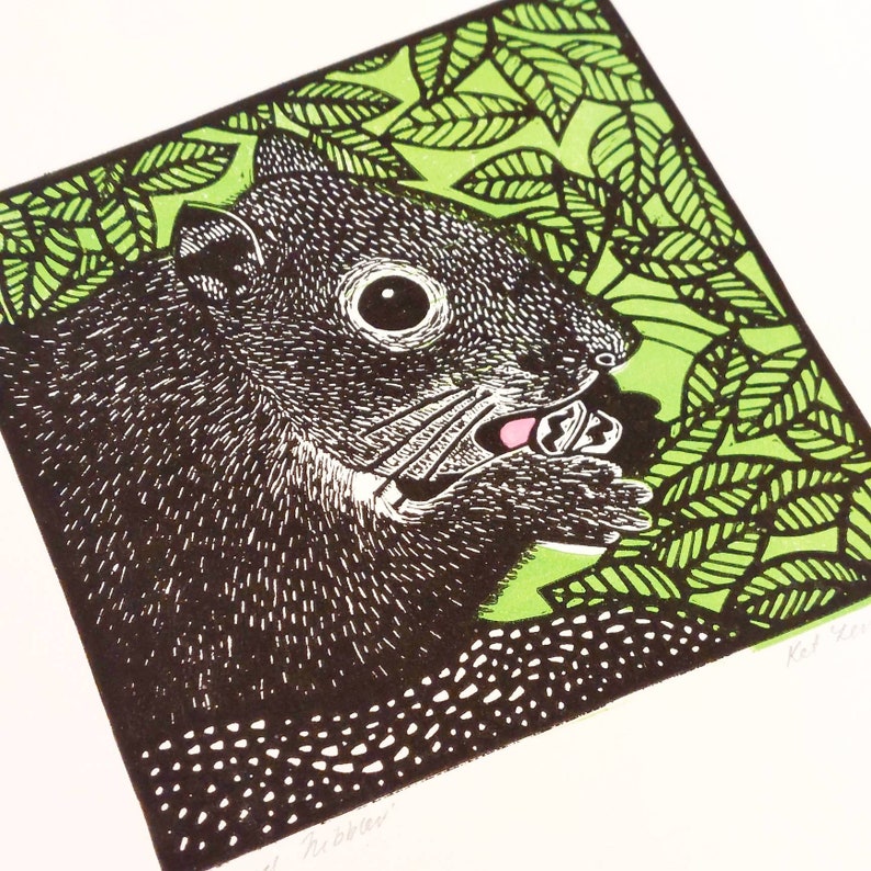 Squirrel Linocut Print Hand Printed Signed Open Edition Kat - Etsy