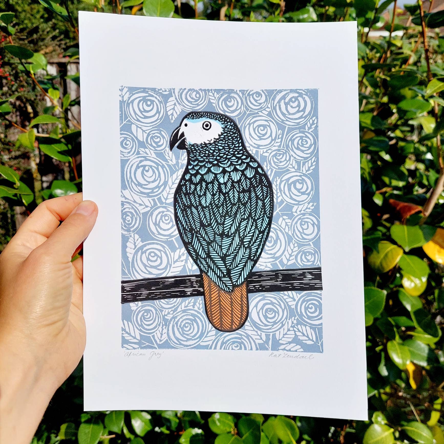 Linocut Print - Grey Parrot Linocut Print - Gift for Her - Gift for Him ...