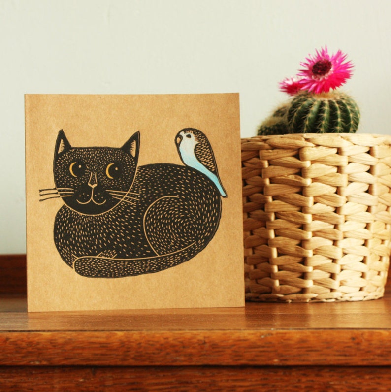Cat Linocut Print Cat Greeting Card Hand Printed Linocut - Etsy