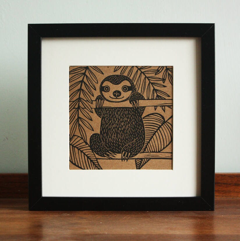 Sloth Linocut Print, Sloth Greeting Card, Hand Printed Linocut Card ...