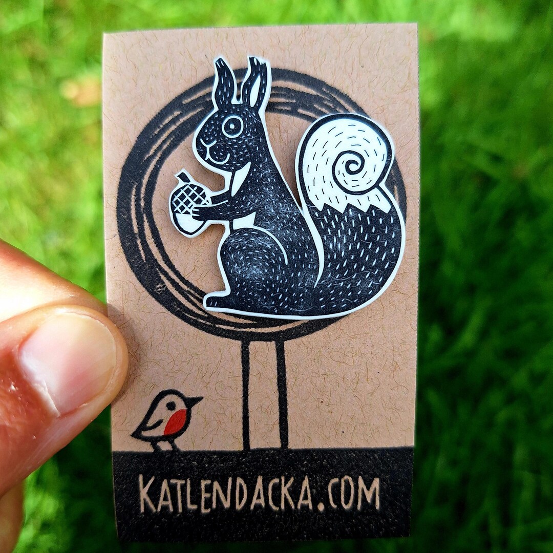 Squirrel Pin, Squirrel Badge, Linocut Shrink Plastic Pin, Shrink ...