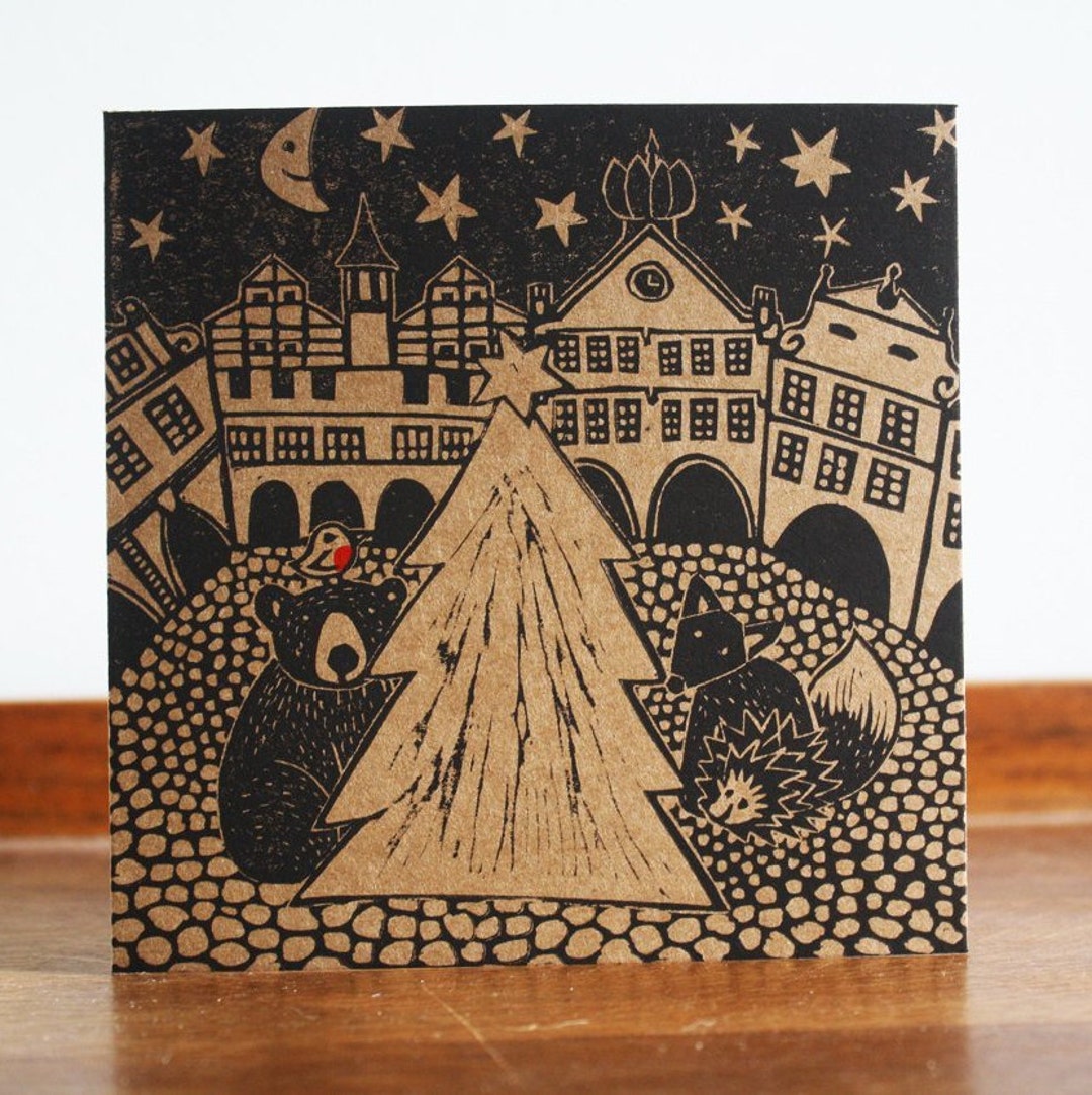 Christmas Linocut Card - Christmas in Town - Hand Printed Card - Kat ...