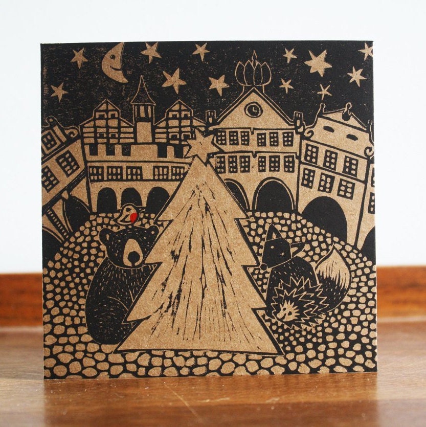 Christmas Linocut Card Christmas in Town Hand Printed Card - Etsy