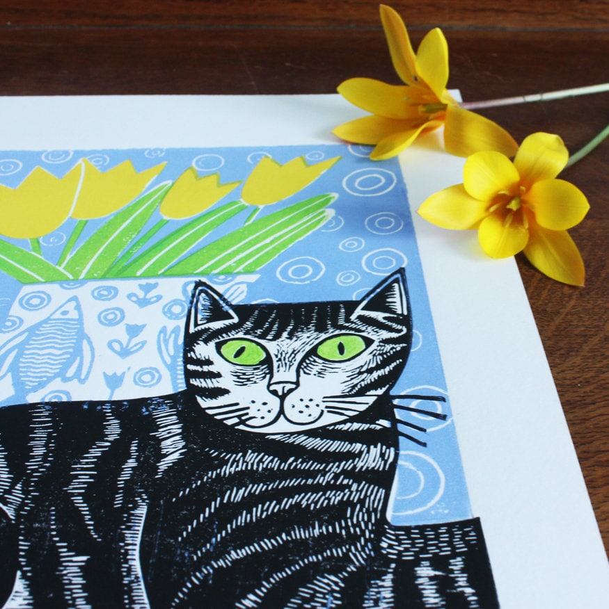 Cat Linocut Print Handprinted Linocut Signed OPen Edition | Etsy
