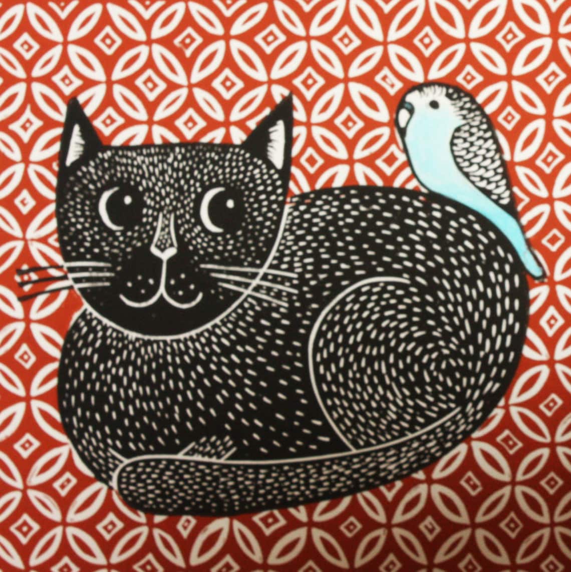 Cat Linocut Print Hand Printed Linocut Black Cat and Budgie - Etsy
