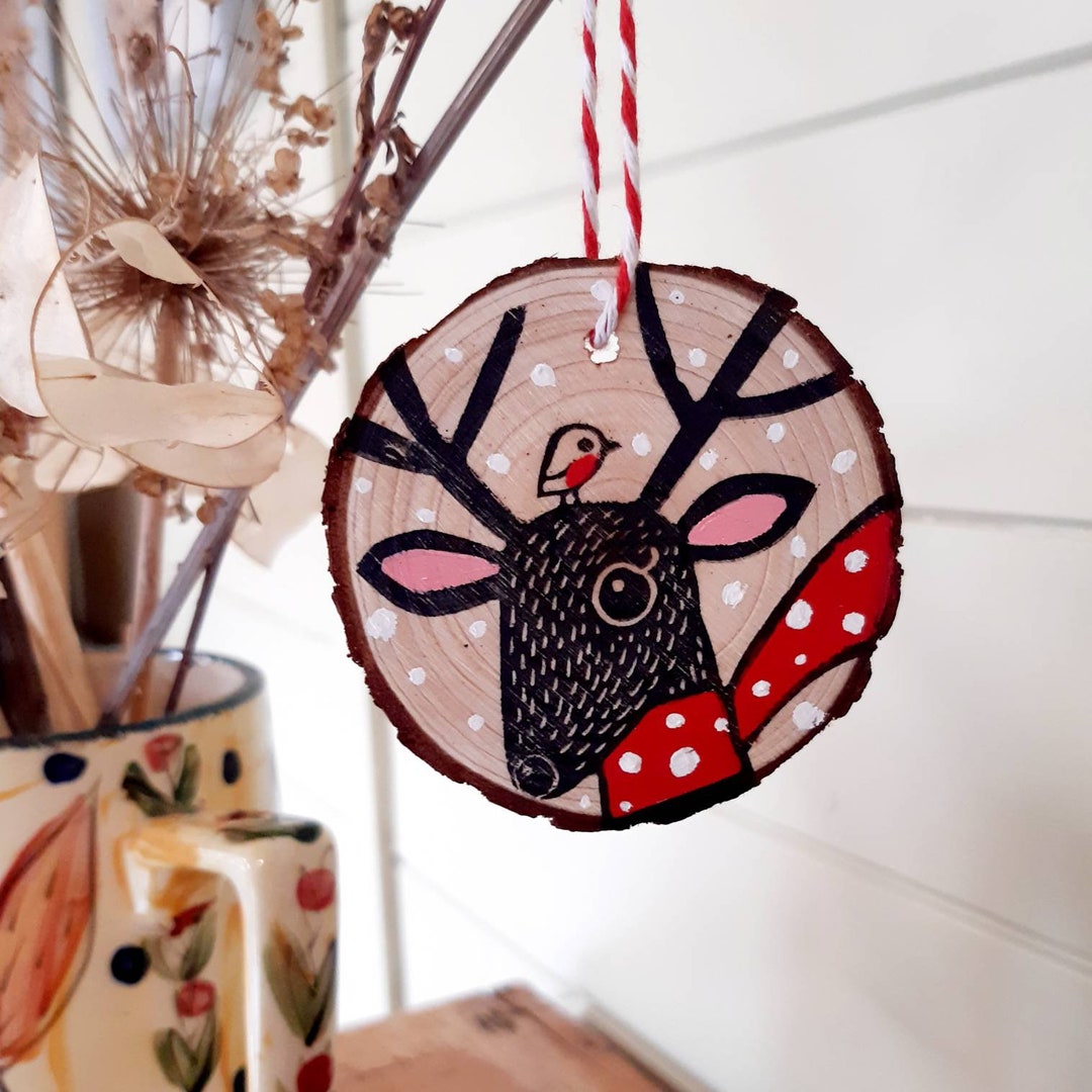 Reindeer Tree Decoration - Christmas Ornament - Hand Printed - Handmade ...