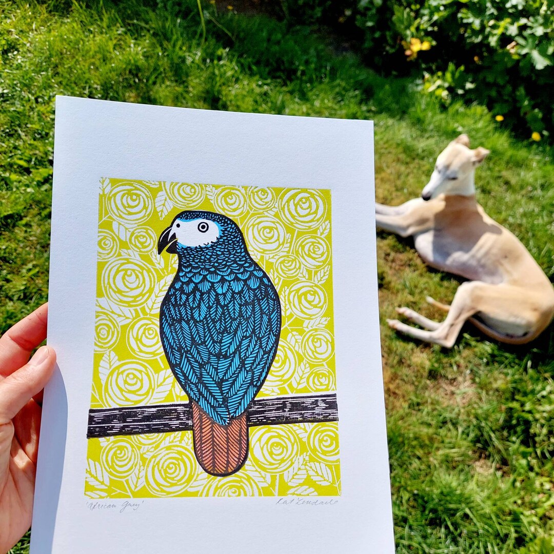 Linocut Print Grey Parrot Linocut Print Gift for Her Gift for Him Multi ...