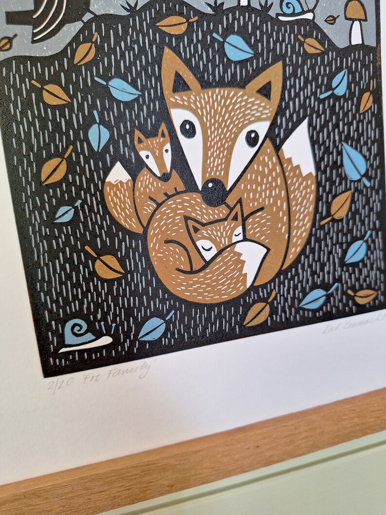 Fox Family in a Wood Linocut Print, Fox Family Linocut Print, Kat ...