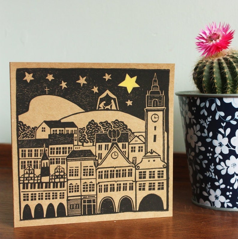 Linocut Christmas Card Nativity Scene Old Architecture - Etsy