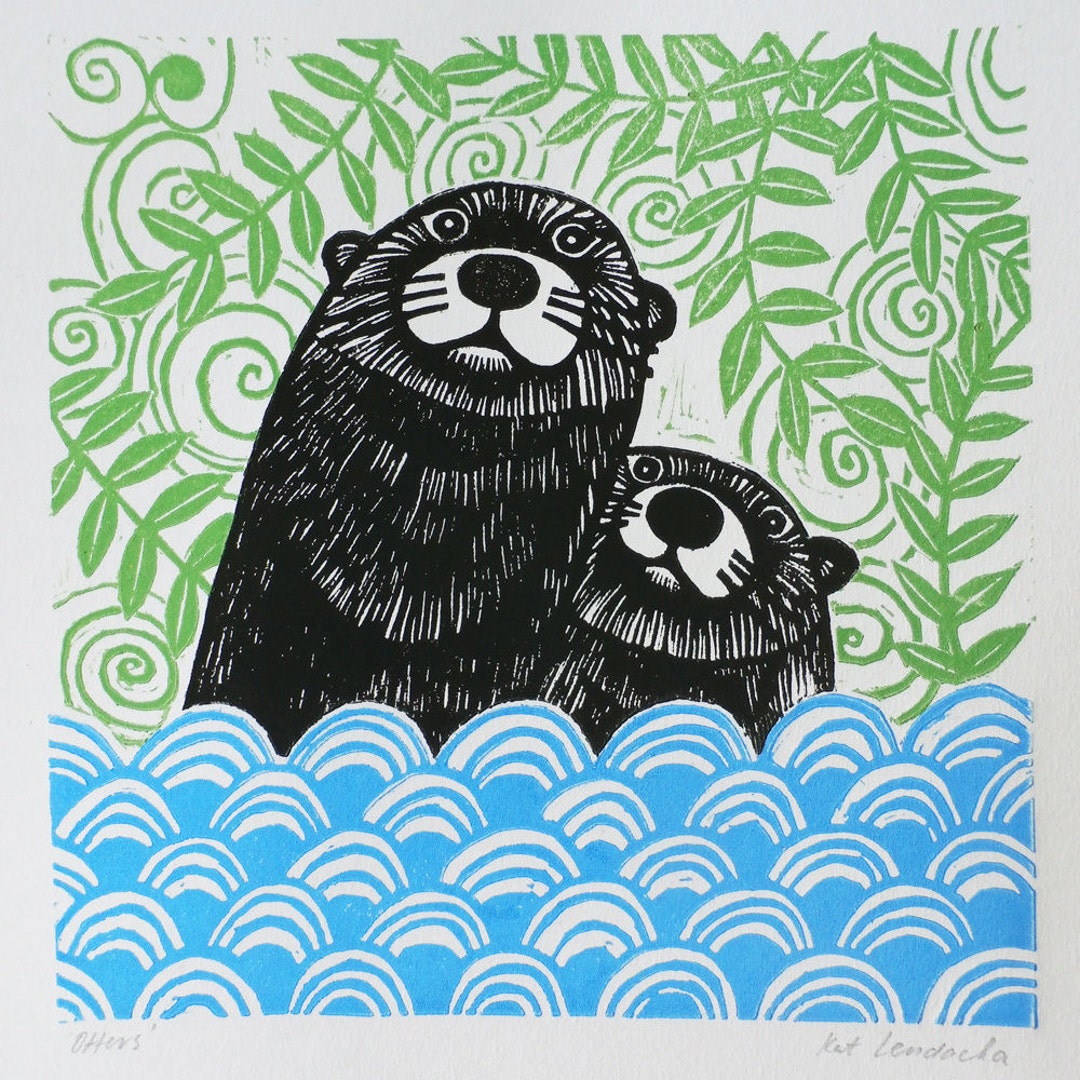 Otters Linocut Print, Otter Linoprint, Otters Art Print, Kat Lendacka ...