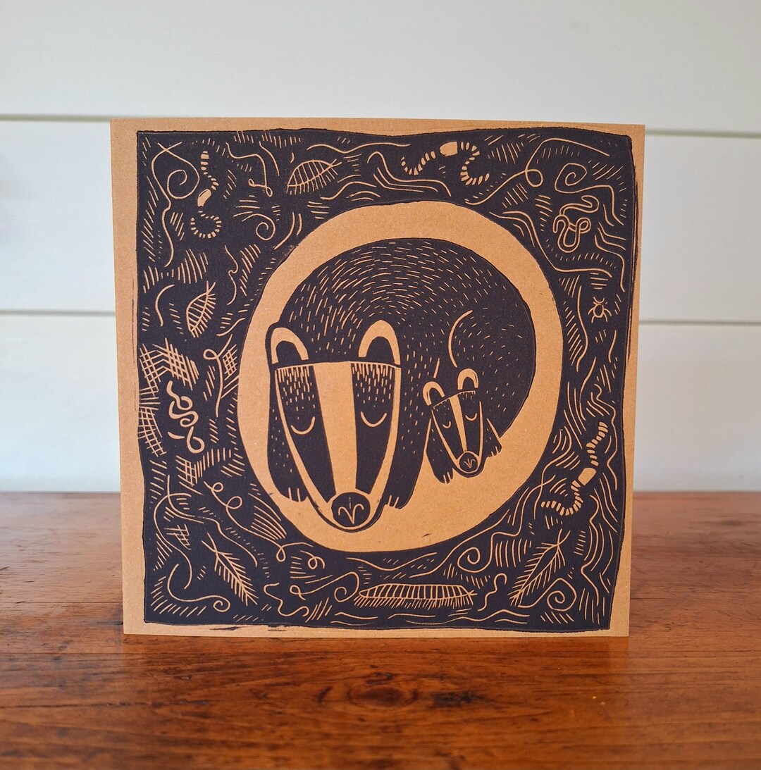 Sleeping Badgers Linocut Card, Badger Linocut Print Card, Badger ...
