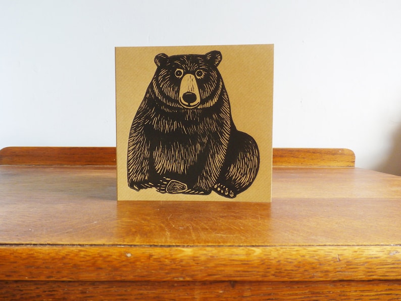 Bear Linocut Hand Printed Linocut Card Kat Lendacka - Etsy