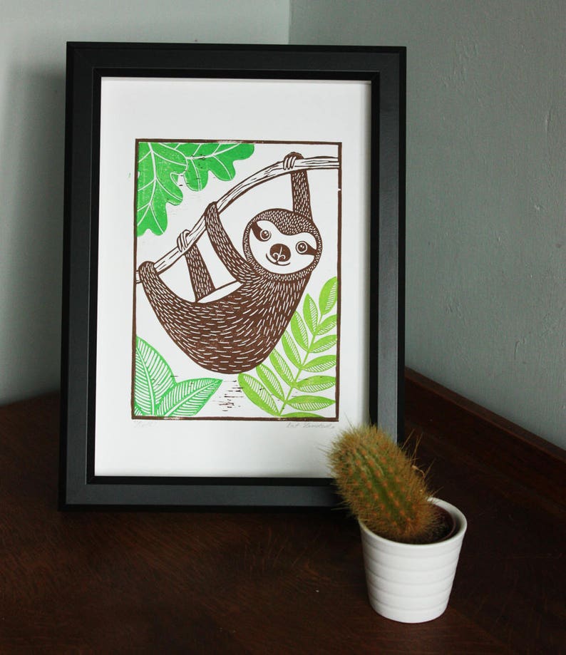 Sloth linocut original linocut print signed open edition | Etsy
