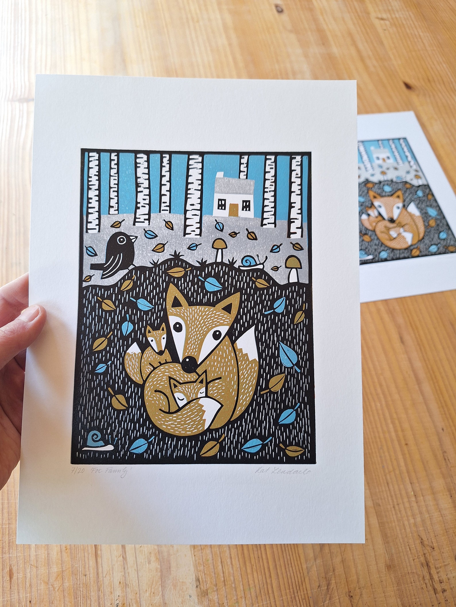 Fox Family in a Wood Linocut Print, Fox Family Linocut Print, Kat ...