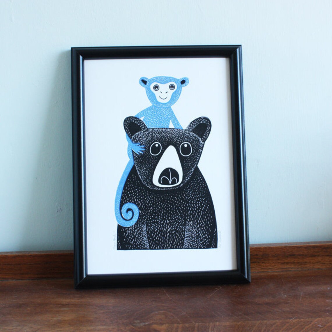 Bear and Monkey Linocut Print, Bear and Monkey Linoprint, Animal ...