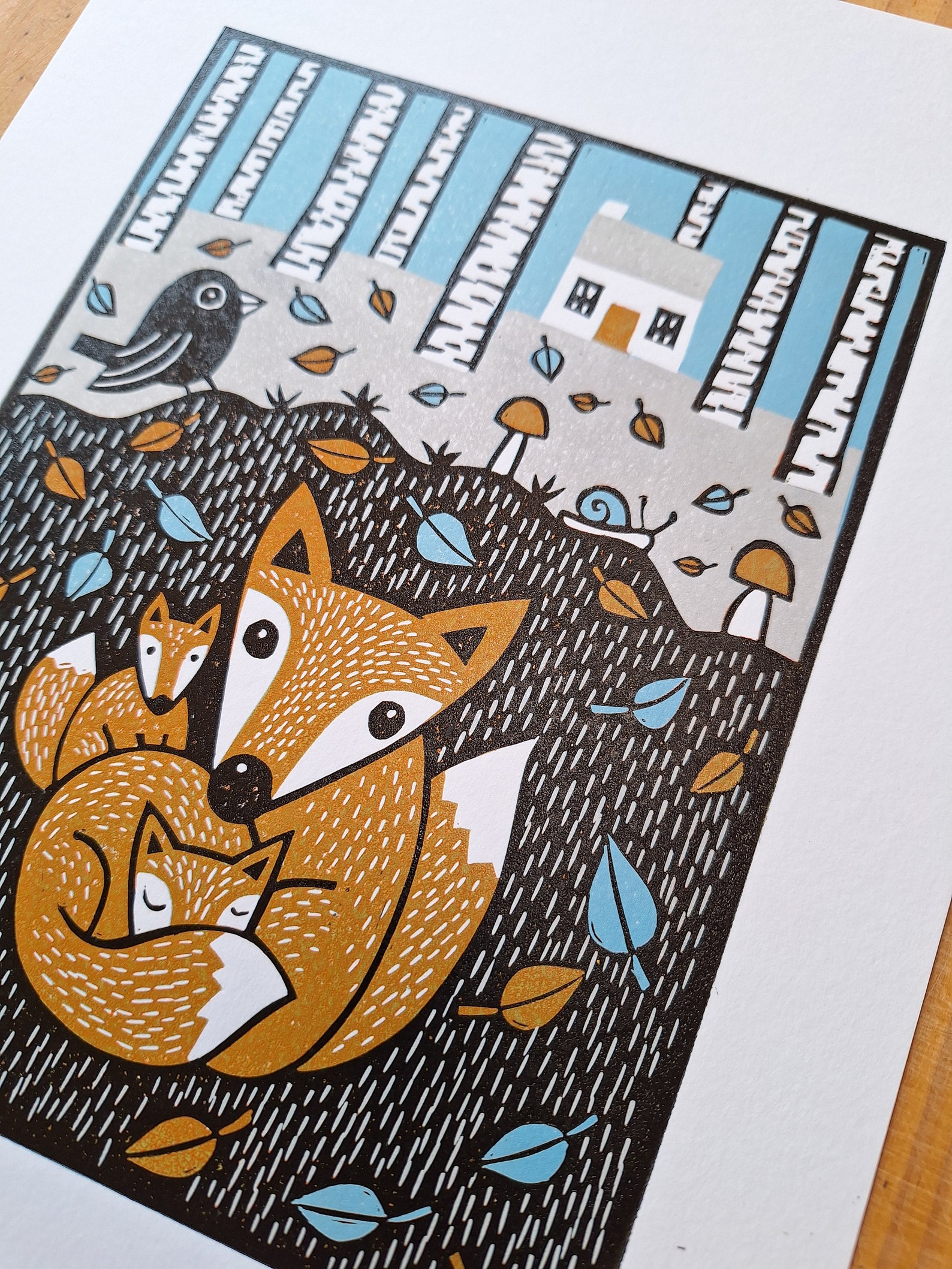 Fox Family in a Wood Linocut Print, Fox Family Linocut Print, Kat ...