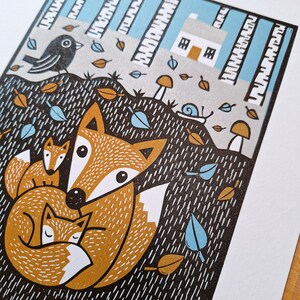 Fox Family in a Wood Linocut Print, Fox Family Linocut Print, Kat ...