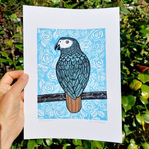 Linocut Print - Grey Parrot Linocut Print - Gift for Her - Gift for Him ...