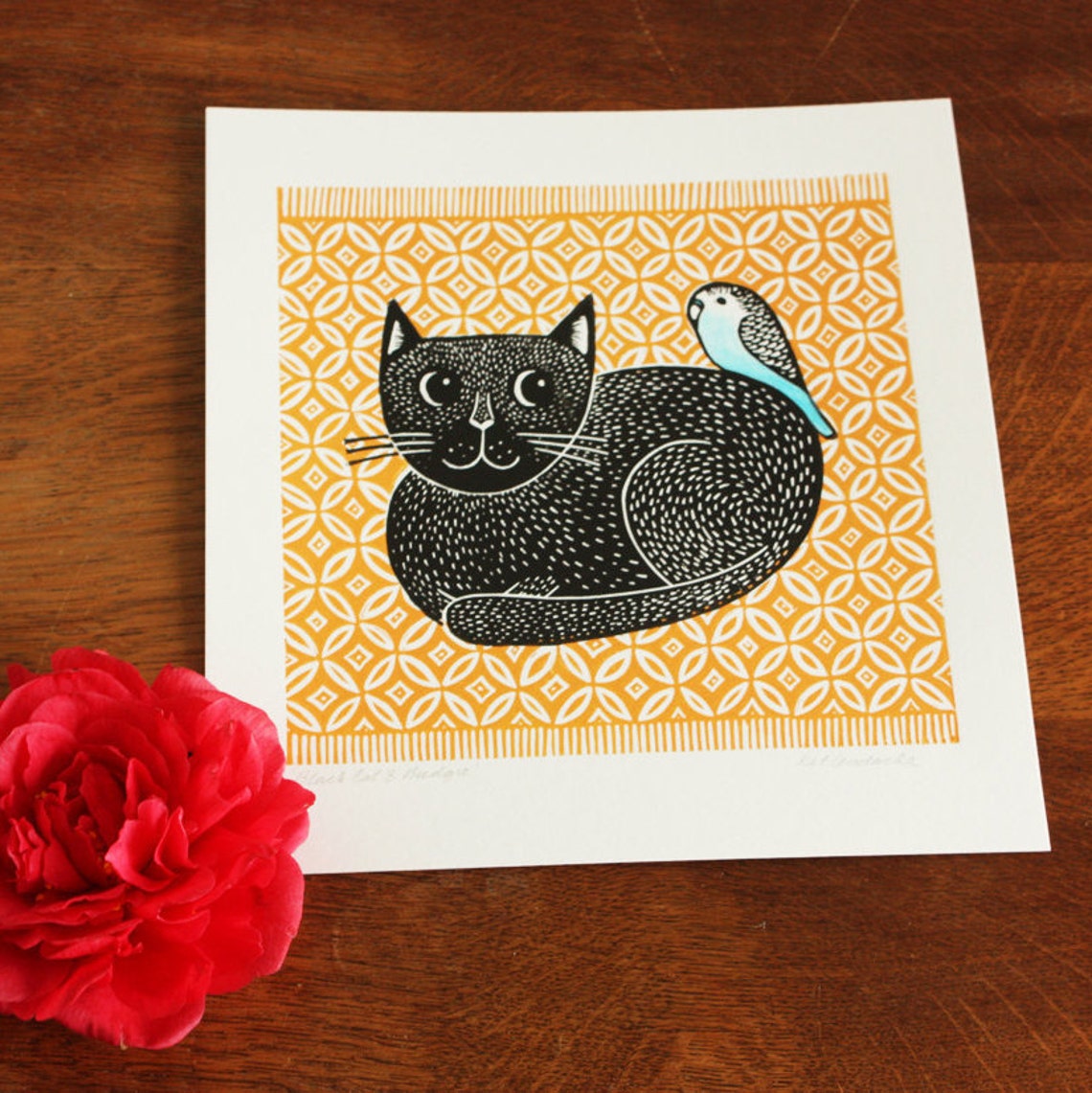 Cat Linocut Print Black Cat and Budgie Signed Open Edition - Etsy