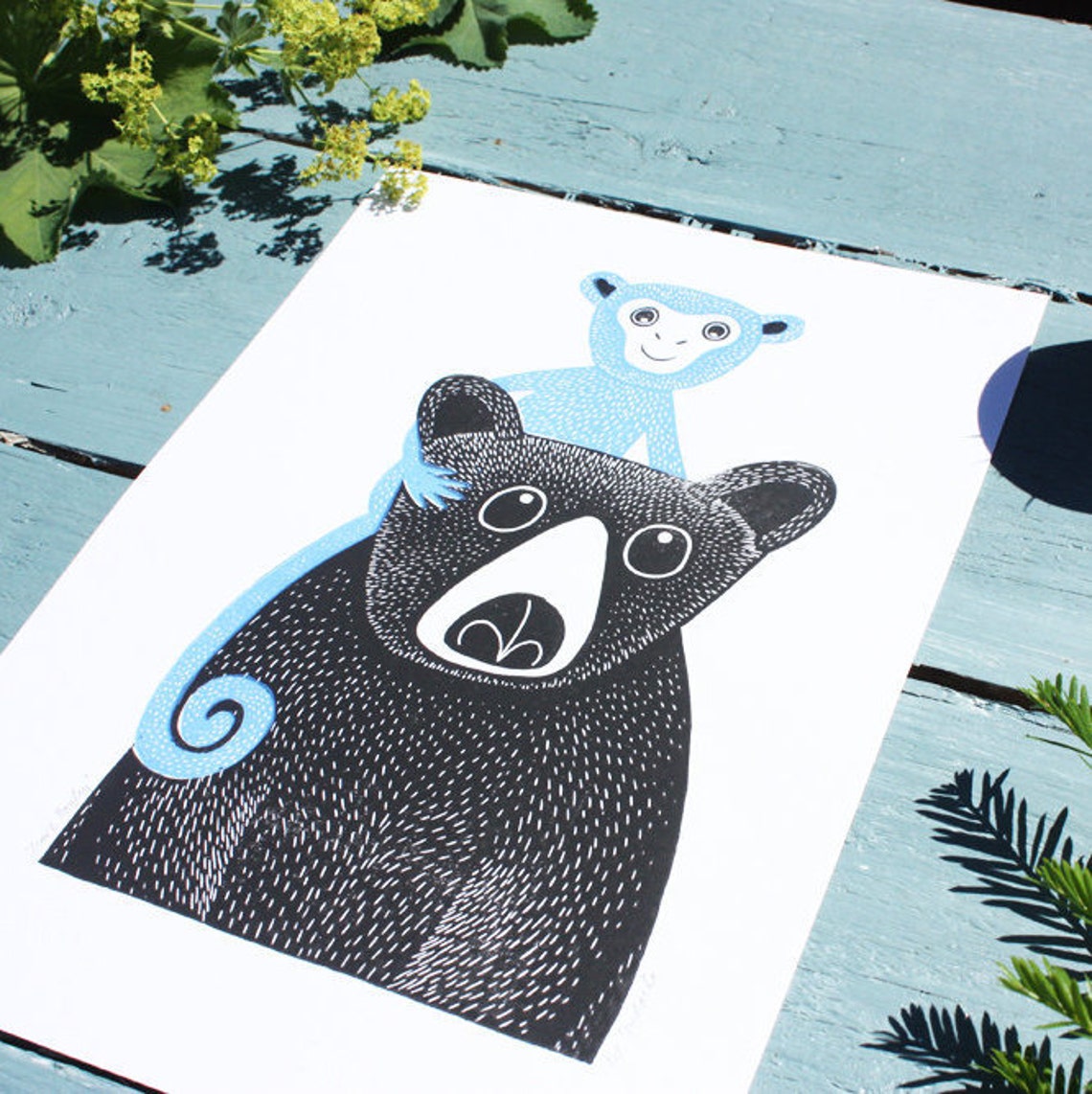 Linocut Print - Bear and Monkey - Original Linocut Print - Linoprint ...
