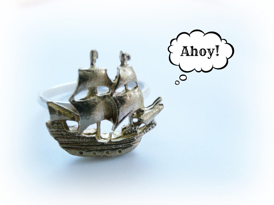 Pirate Ship Ring Nautical Sterling Silver Ring Silver and Brass Stack ...