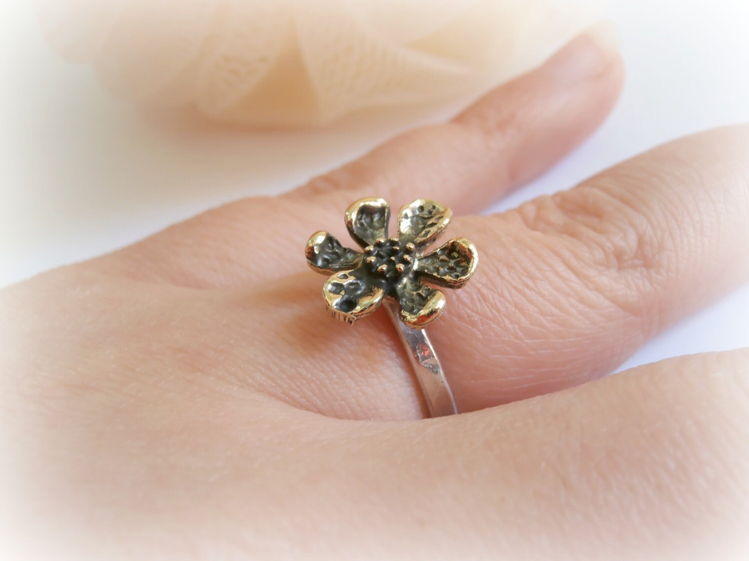 Sakura Silver Stack Ring Sterling Silver Oxidised and Brass | Etsy