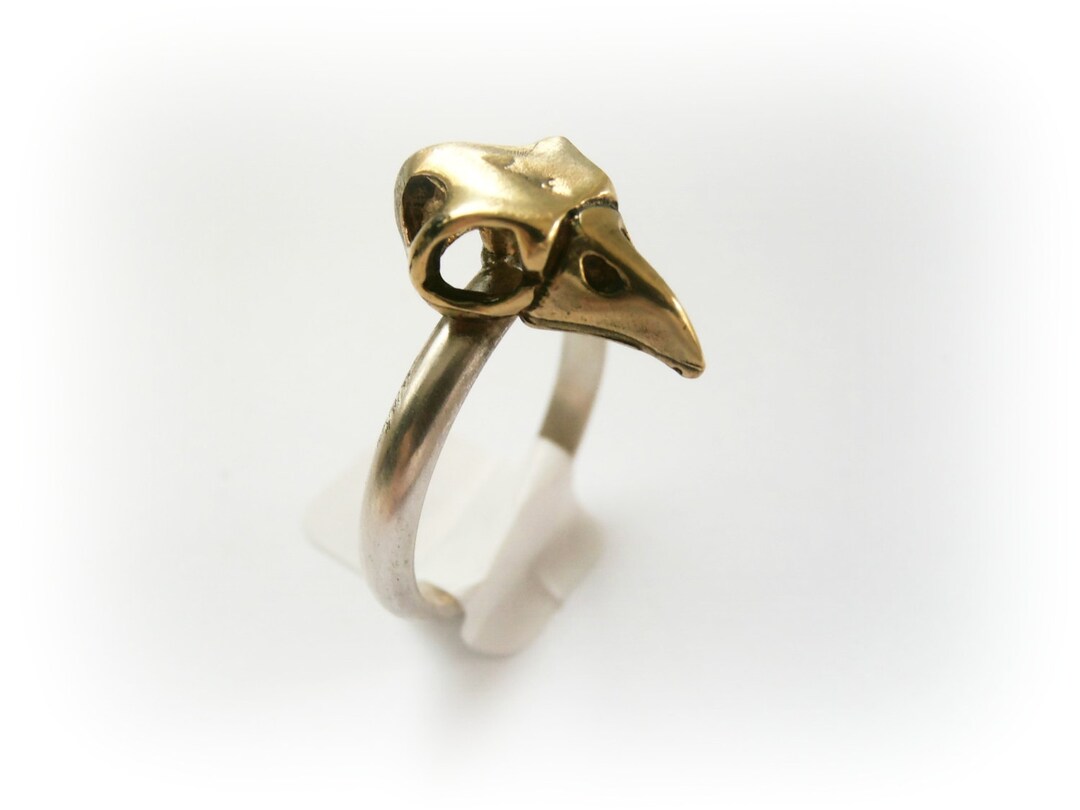 Bird Skull Ring Baby Crow Sterling Silver and Brass Animal Skull Ring ...