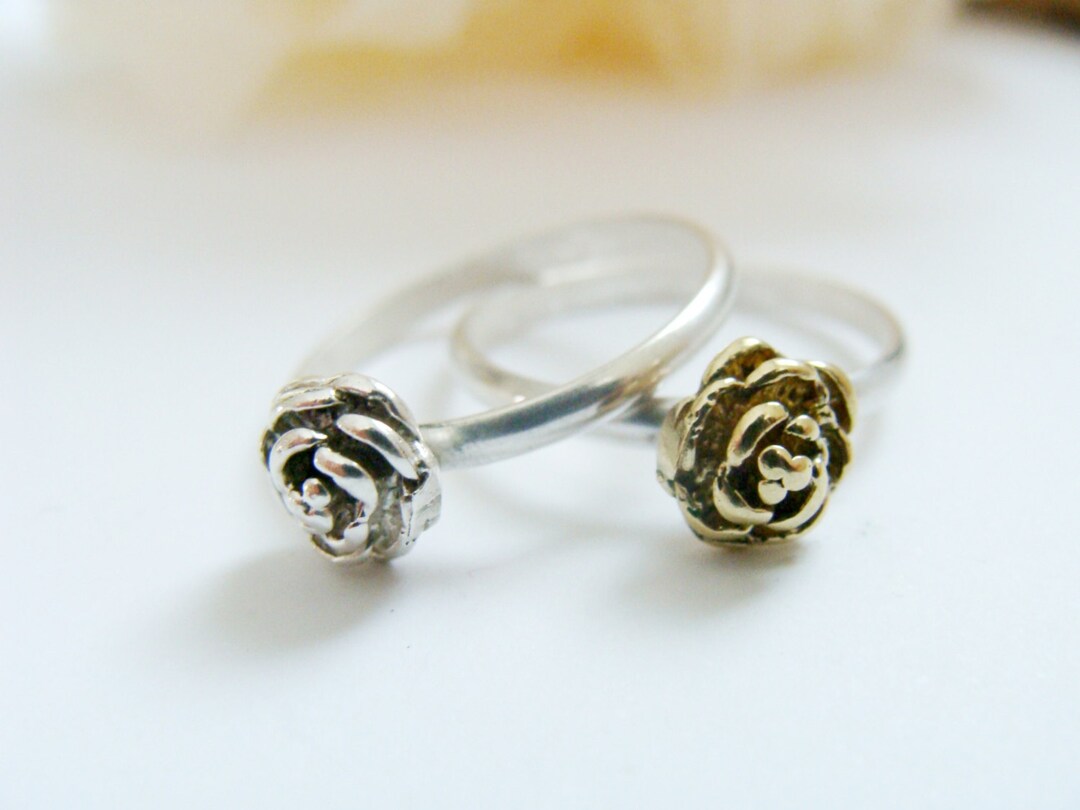 Tiny Rose Ring Set Two Stack Rings Sterling Silver and Brass Sterling ...