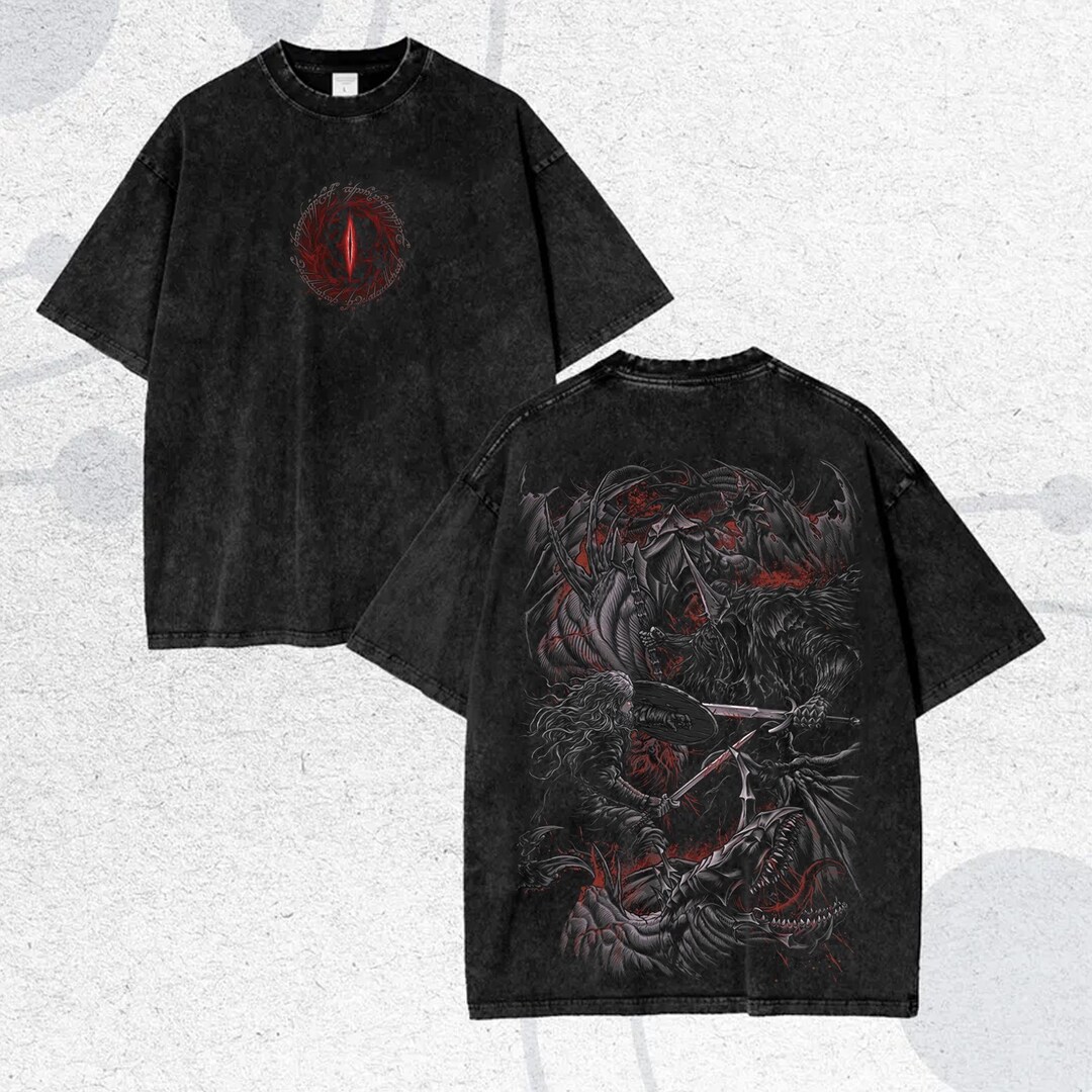 Vintage Wash Dark Fantasy Epic Battle Graphic T-shirt, Retro Character ...