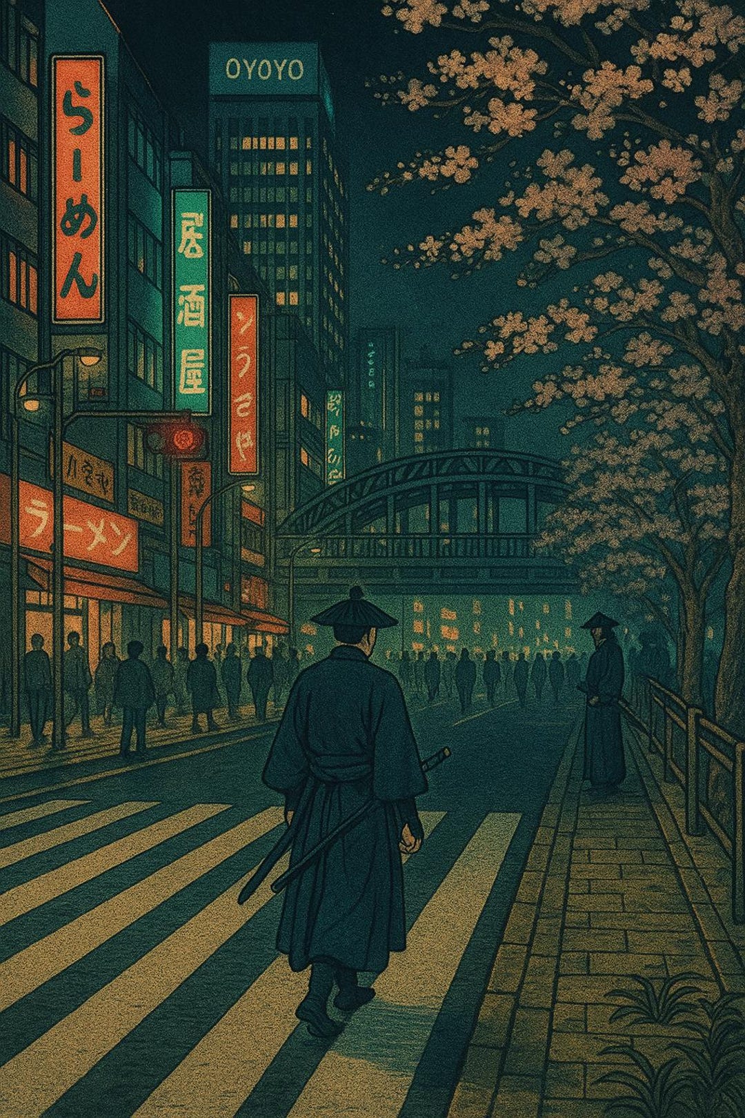 Neo-tokyo Night Walk – A Modern Ukiyo-e Style Samurai Scene - Etsy