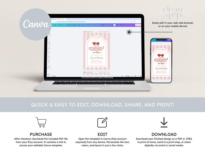 Cherry First Birthday Invitation, Preppy Coquette Party (digital ...