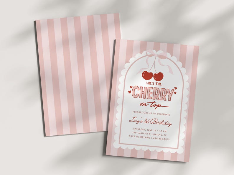 Cherry First Birthday Invitation, Preppy Coquette Party (digital ...