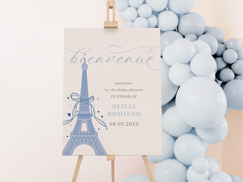 Editable Blue Paris Baby Shower Welcome Sign, Bonjour Bebe French Canva ...