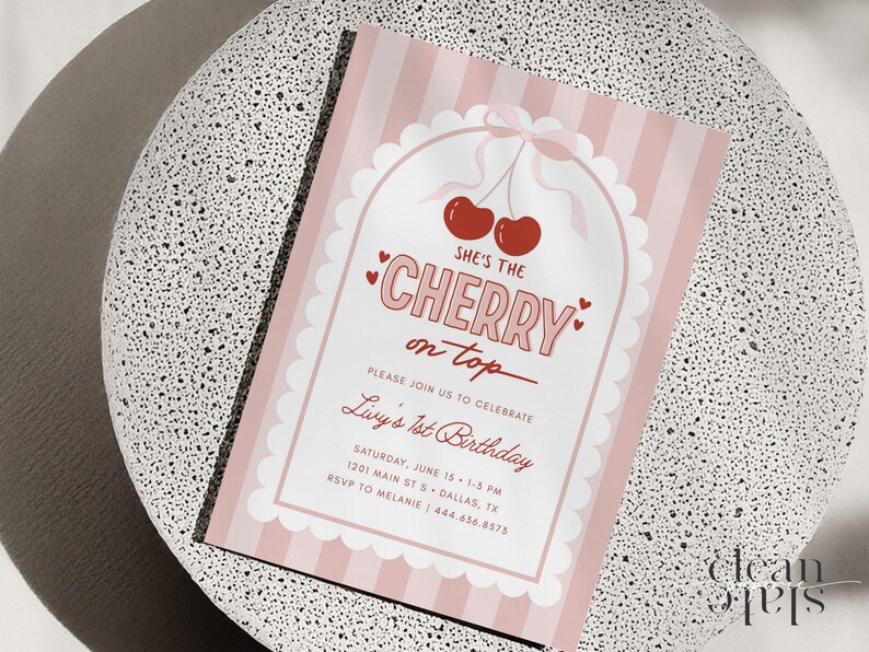 Cherry First Birthday Invitation, Preppy Coquette Party (digital ...