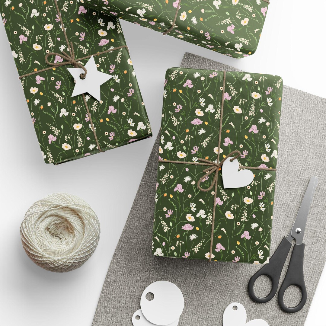 Christmas Wrapping Paper, Wildflower Pattern Wrapping Paper, Green ...