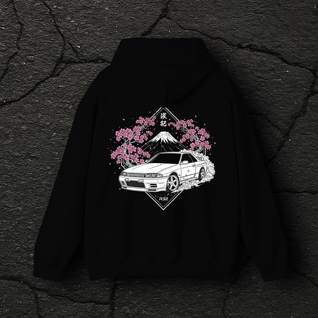 Skyline R32 Car Hoodie BLACK - JDM Fuji Mountain Cherry Blossoms ...