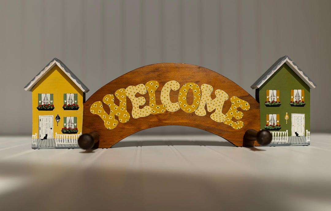Vintage 1990 Hand Painted Welcome Sign With Wooden Hooks | Whimsical ...