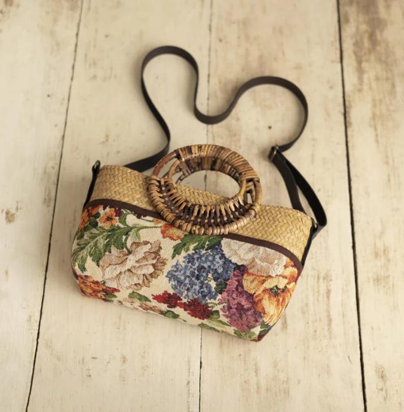 Handwoven Grass Handbag, Floral Tapestry Crossbody, Rattan Handle - Etsy