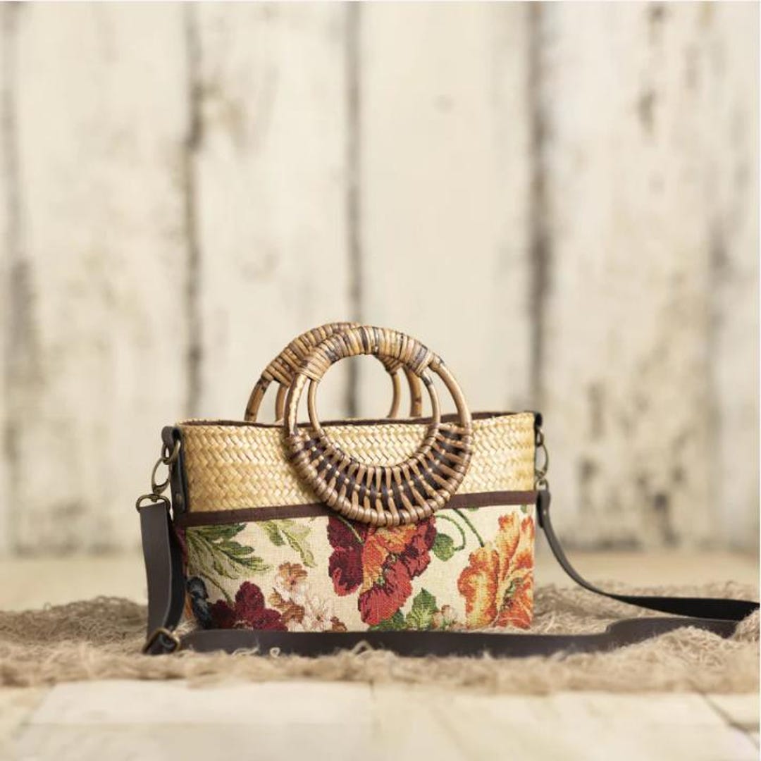 Handwoven Grass Handbag, Floral Tapestry Crossbody, Rattan Handle - Etsy