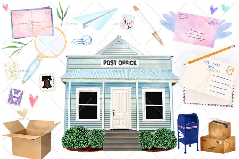 Watercolor Postage Clipart - Post Office Digital Art - Postal Theme ...