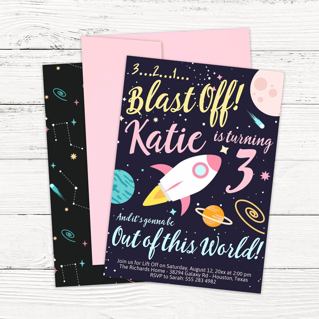 Girl Rocket Ship Outer Space Birthday Invitation - Etsy
