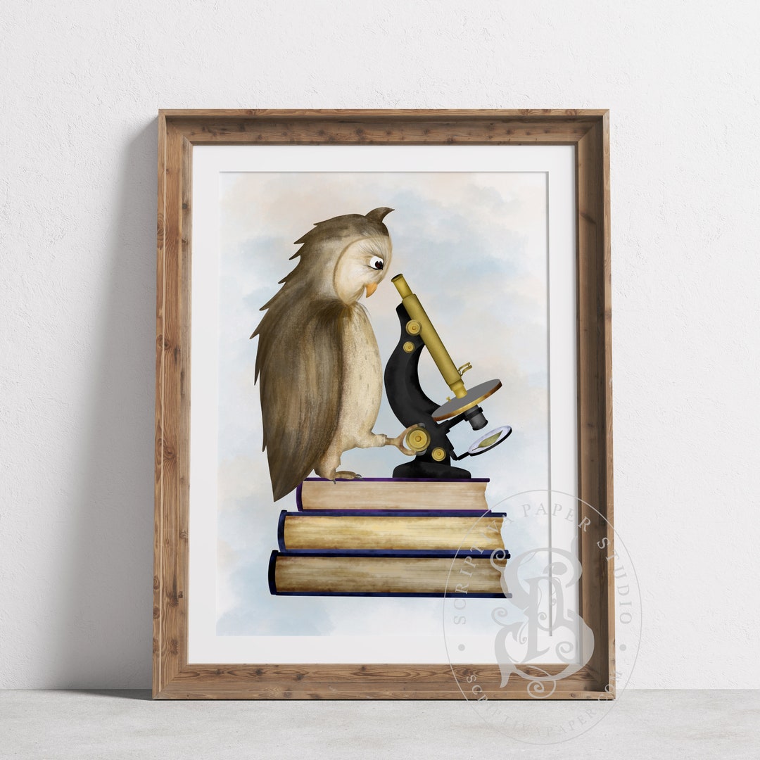 Owl Looking Through Microscope - Library Wall Art - Study Wall Decor - Etsy
