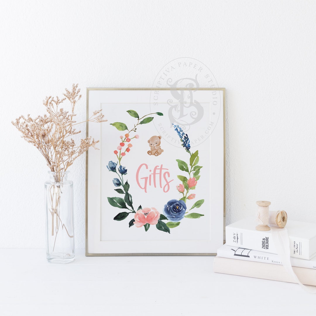 Gender Neutral Baby Shower Gift Sign - Navy and Pink Floral for Unknown ...