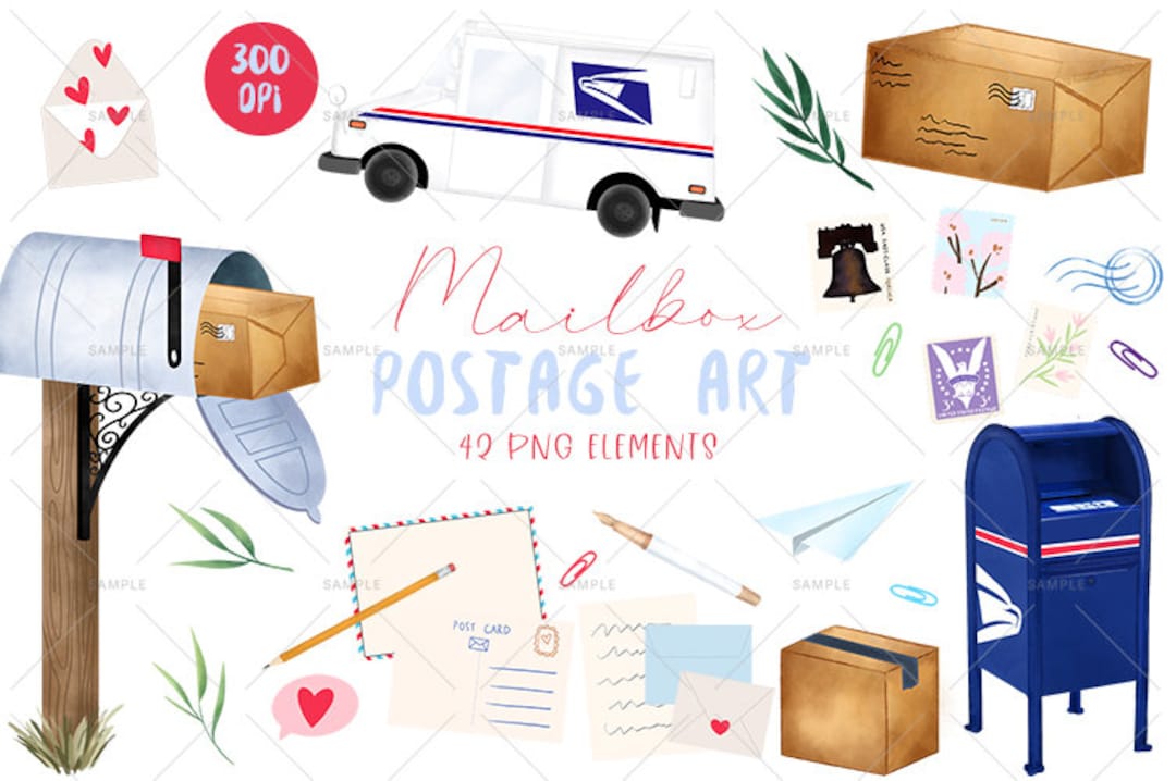 Watercolor Postage Clipart Post Office Digital Art Postal Theme Digital ...