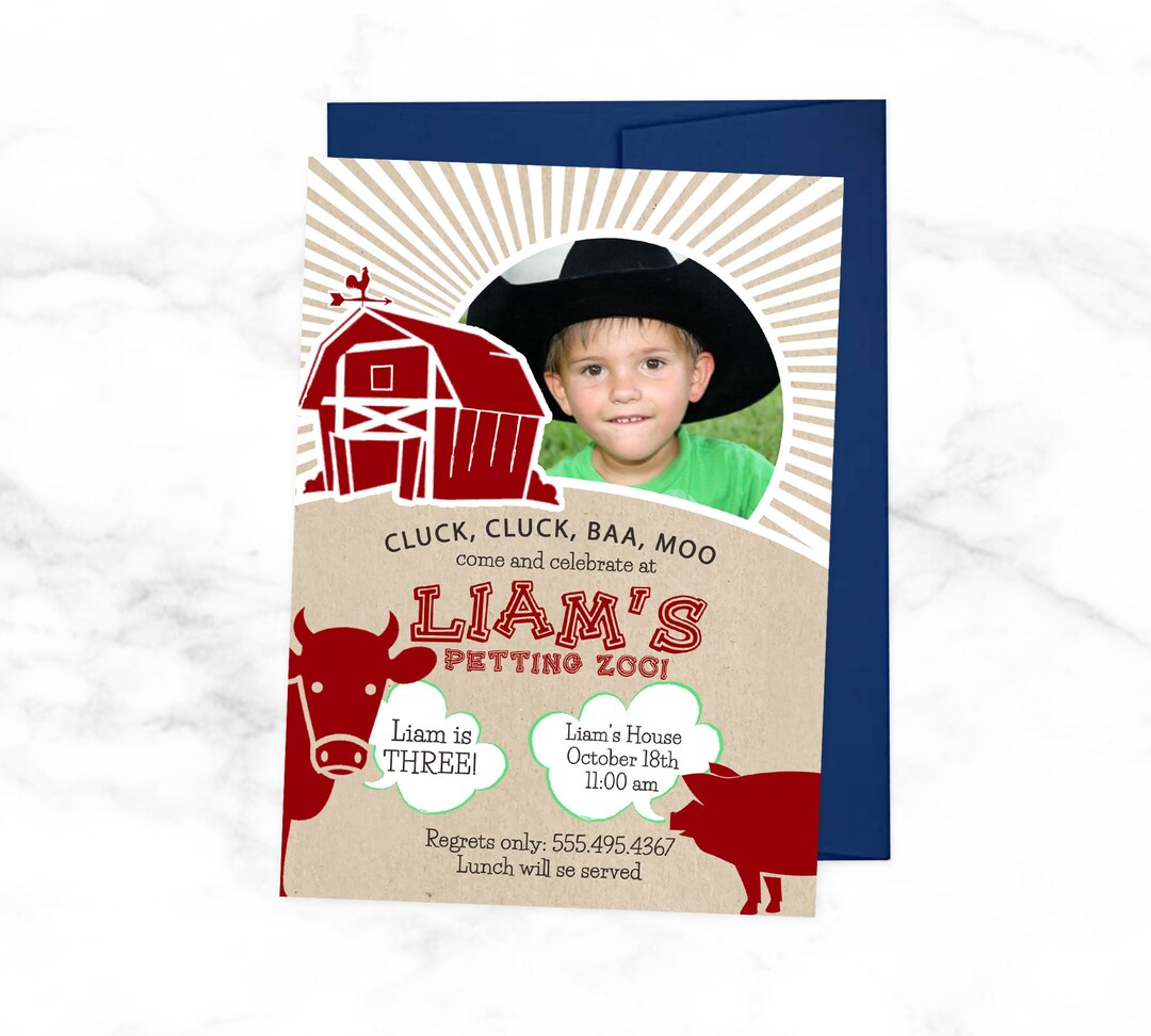 Red Barn Farm Birthday Invitations - Petting Zoo Animals Red Barnyard ...
