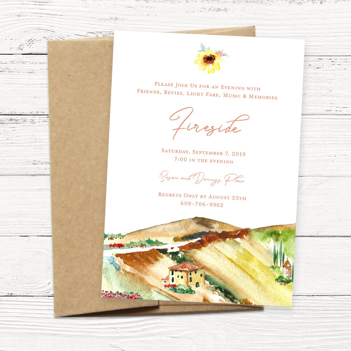 Tuscany Wine Dinner Invitation - Watercolor Italy Vineyard Landscape ...