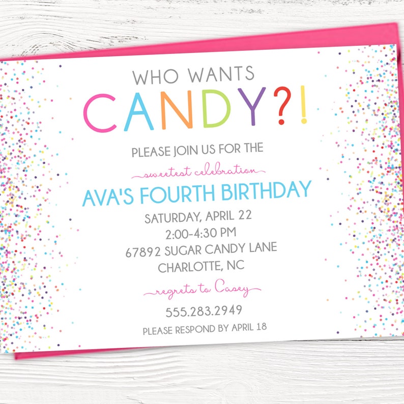 Who Wants Candy Birthday Party Invitation - Sprinkles Confetti Birthday ...