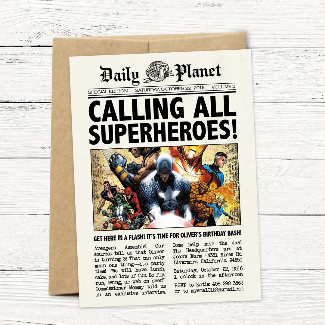 Daily Planet Superhero Newspaper Birthday Invitation - Captain America ...