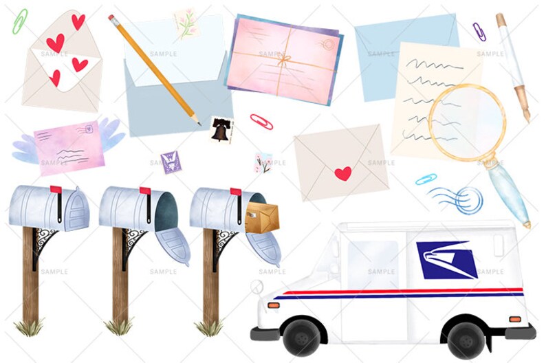 Watercolor Postage Clipart - Post Office Digital Art - Postal Theme ...
